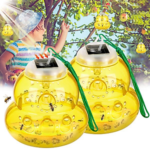 Solar Wasp Trap Outdoor Hanging, New Upgrade LED Blue Light Bee Traps Catcher, Wasp Insect Killer, Solar Panel Non-Toxic Reusable Hornet Yellow Jacket Trap for Garden, Yard (Yellow-2 Pack)