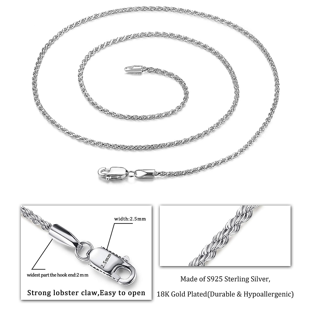 Milacolato 925 Sterling Silver 1.35MM Rope Chain Necklace for Women Men White Gold Plated Durable Italian Silver Necklace Chain Jewelry - Lobster Claw Clasp 16/18/20/22/24 Inches