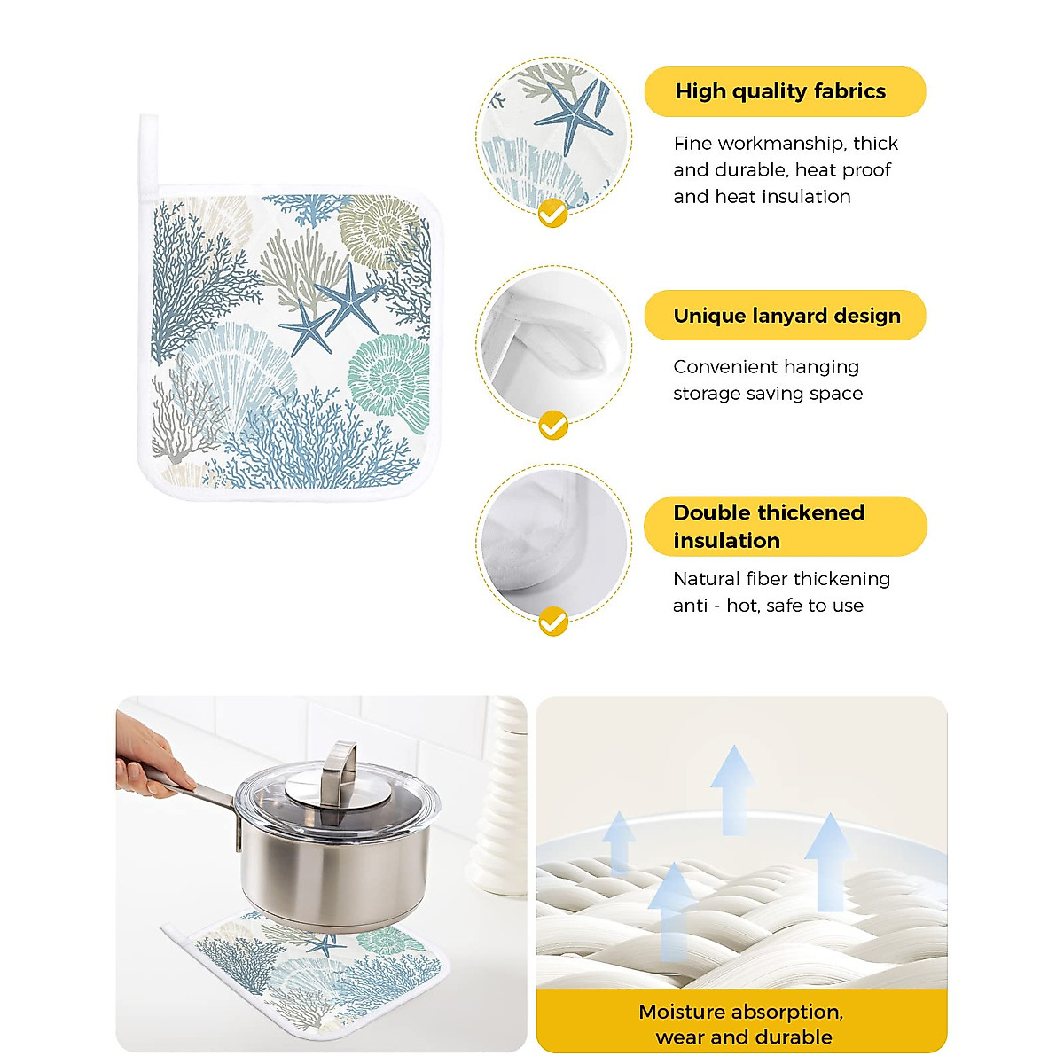 Blue Teal Coral Pot Holders for Kitchen Heat Insulation, Summer Beach Starfish Coastal Modern Geometric Potholders Hot Pads with Hanging Loop, Washable Oven Mitts Pot Holder Trivet for Cooking 2 Pack