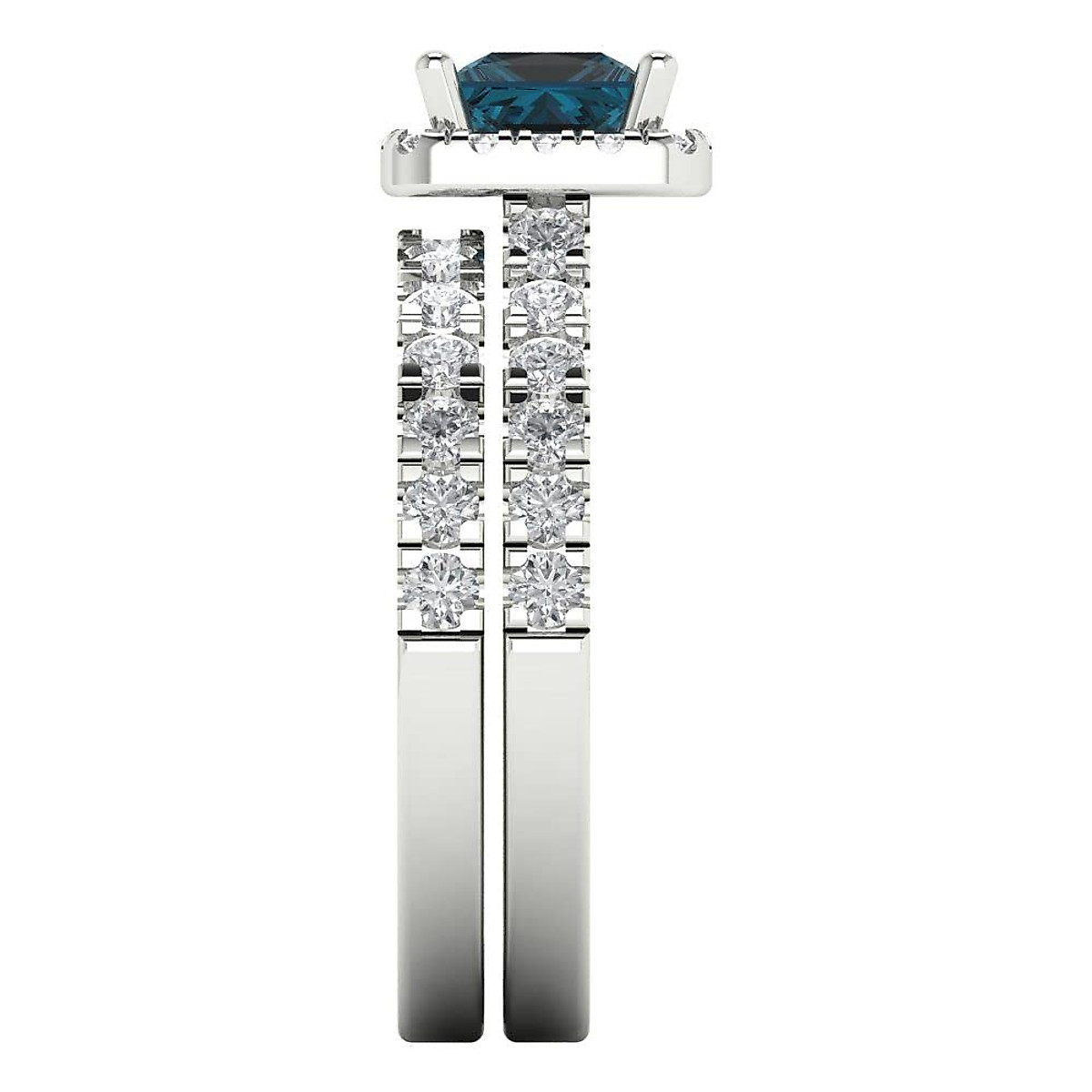 Clara Pucci 1.6ct Princess Cut Halo Solitaire London Blue Topaz Engagement Promise Anniversary Bridal Ring Band set 14k White Gold 11