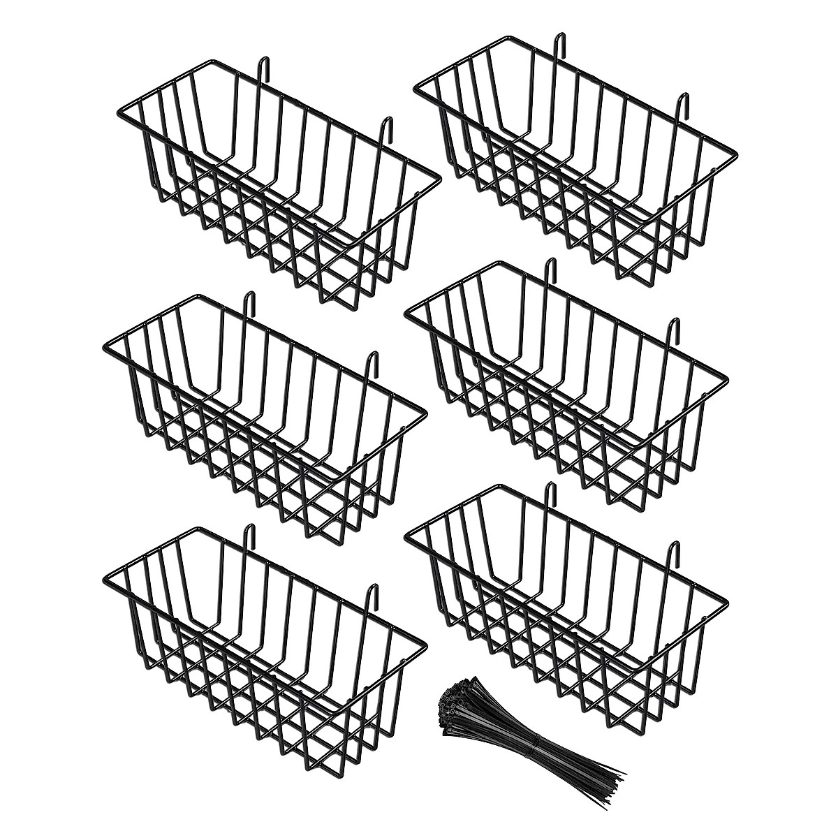 SEMPOMA 6 Pack Black Wire Basket, Hanging wall Basket for Wall Grid Panel, Metal Hanging Baskets for Organizing, Wire Basket for Kitchen Storage, Grid Wall Accessories