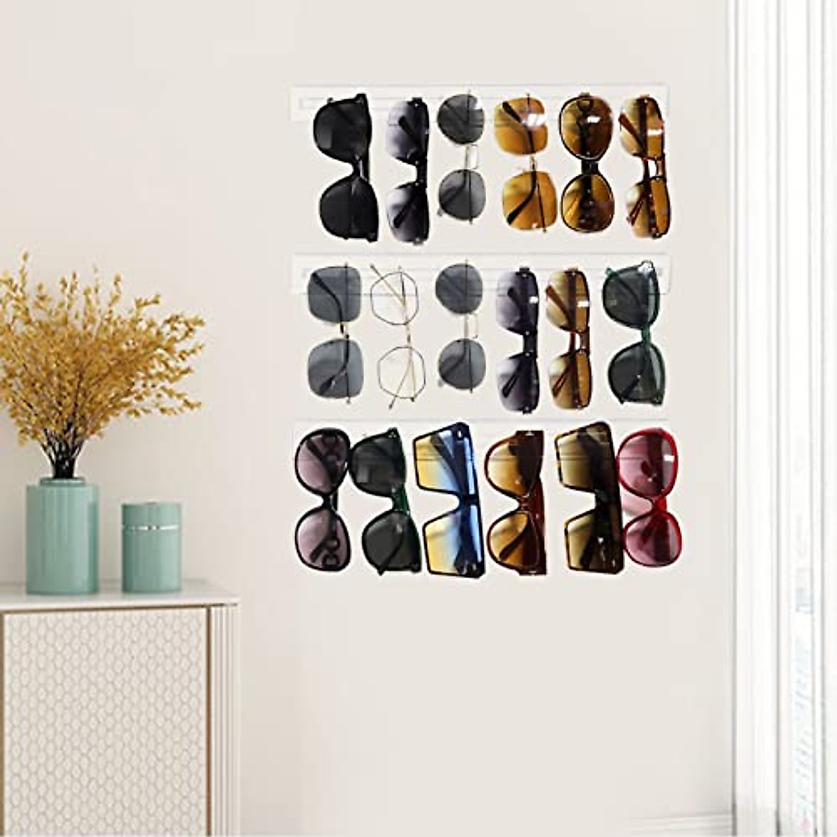 Watpot Sunglasses Organizer Storage Wall Mounted, 3 Pack Acrylic Eyeglasses Holder Hanging Shelves for Multiple Glasses Display, Clear