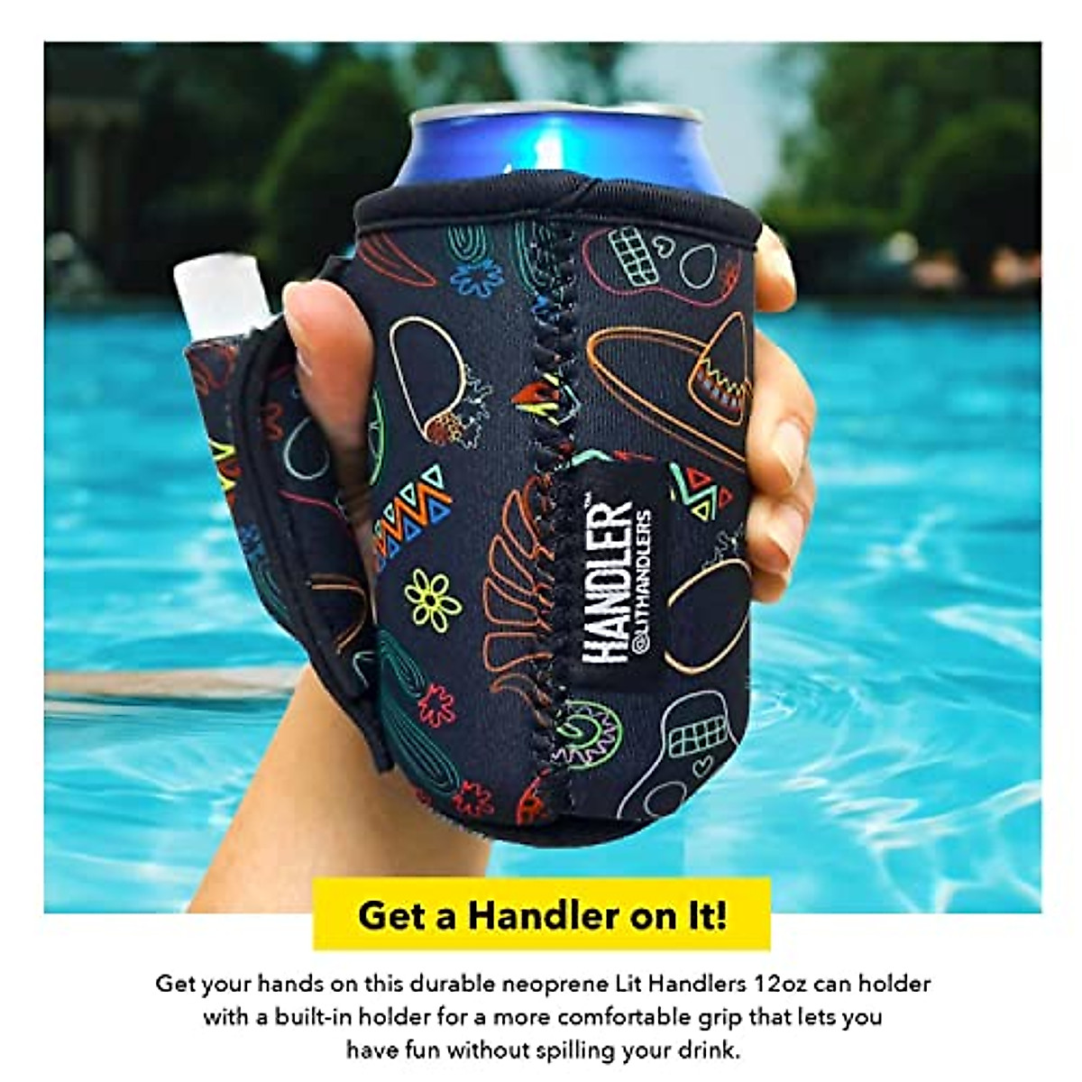 Lit Handlers Soda Can Handle - 12oz Can Cooler Sleeves Neoprene Material for Beer & Other Drinks -Bottle Insulator for Office, Gym, & Beach - Reusable Beverage Holder w/Handle (Black w/Leopard)