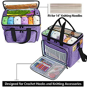 Teamoy Knitting Bag, Yarn Tote Organizer with Inner Divider (Sewn to Bottom) for Crochet Hooks, Knitting Needles(Up to 14”), Project and Supplies, Purple -No Accessories Included