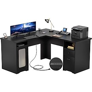 Unikito L Shaped Desk with Drawers, 60 Inch Office Desk with Power Outlet & USB Charging Port, Large Corner Computer Desk with File Cabinets, 2 Person Sturdy Executive Desk with Storage Cabinet, Black