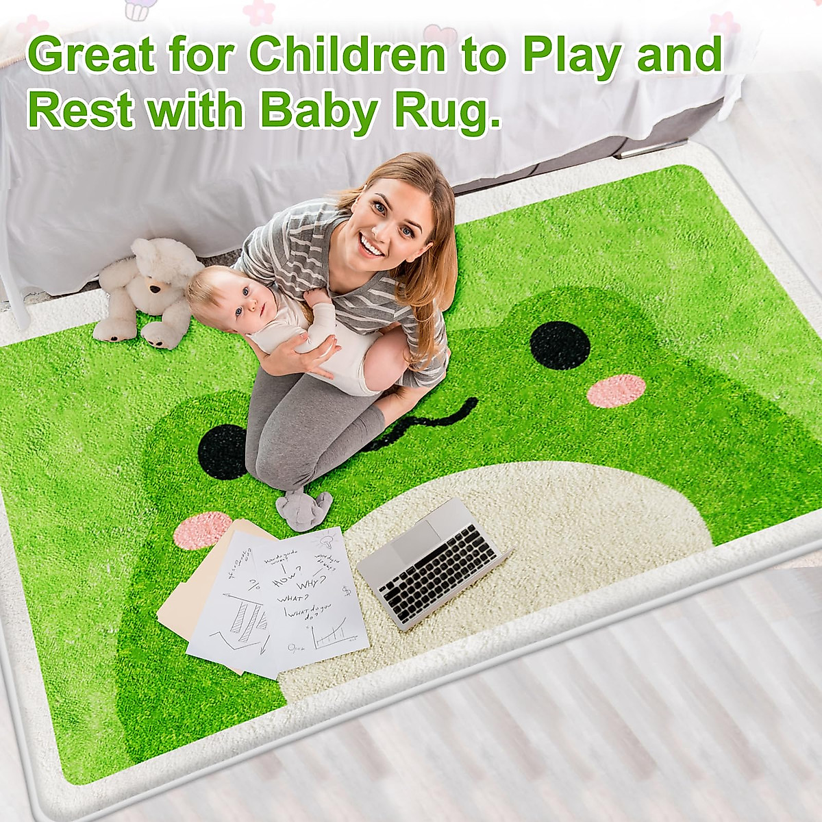 Kids Rug, 4'x6' Cute Frog Bath Mat Non Slip Soft Washable Area Rug Baby Carpet Play Floor Mat Green Shower Rug Nursery Rugs for Living Room Bedroom Playroom Bathroom Classroom Kitchen Kids Room Decor