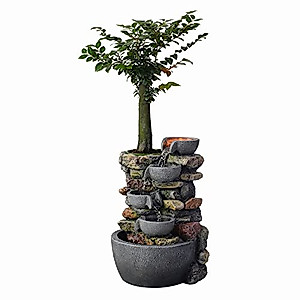 Haobos Indoor Fountain 4-Bowl Rockery Soothing Sound Tabletop Fountains Home/Office Decor with a Small Plastic Pot to Grow The Plant by Yourself(Automatic Watering)(22023)