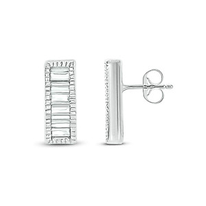 Cali Trove, 1/10cttw Baguette Bar Stud Earrings for Women in 14k White Gold, Women?s Bar Earrings with White Baguette Diamonds in White Gold, Mini Bar-Shape Stud Earrings with Diamonds and Milgrain