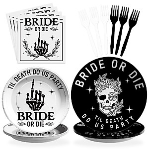 Bride or Die Bachelorette Party Decorations Tableware Se,96pcs Til Death Do Us Party Pater Plates and Napkins Skull Gothic for Bridal Shower Halloween Bachelorette Birthday Party Supplies Serves 24