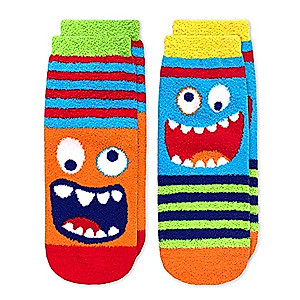 Jefferies Socks Boys Boy's Monster Fuzzy Non-Skid Slipper 2 Pack, Multi, X-Small, Multi, X-Small US