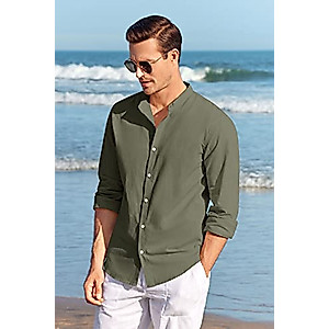 Makkrom Men's Cotton Linen Shirts Long Sleeve Button Down Band Collar Summer Beach Shirt Top Army Green