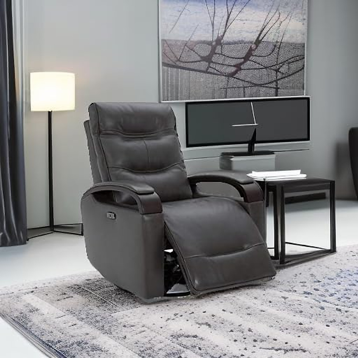 CHITA Genuine Leather Power Swivel Glider Rocker Recline,USB Charge Power Headrest Wooden Contrast Armrest Double Layer Backrest Recliner Chair Sofa for Living Room and Nursery(Grey)