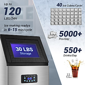 Commercial Ice Maker Machine 120LBS/24H with 30LBS Storage Bin, 15" Wide Undercounter/Freestanding Ice Maker Machine for Home Bar Outdoor, 40PCS Ice Cubes Ice Machine, Self Cleaning