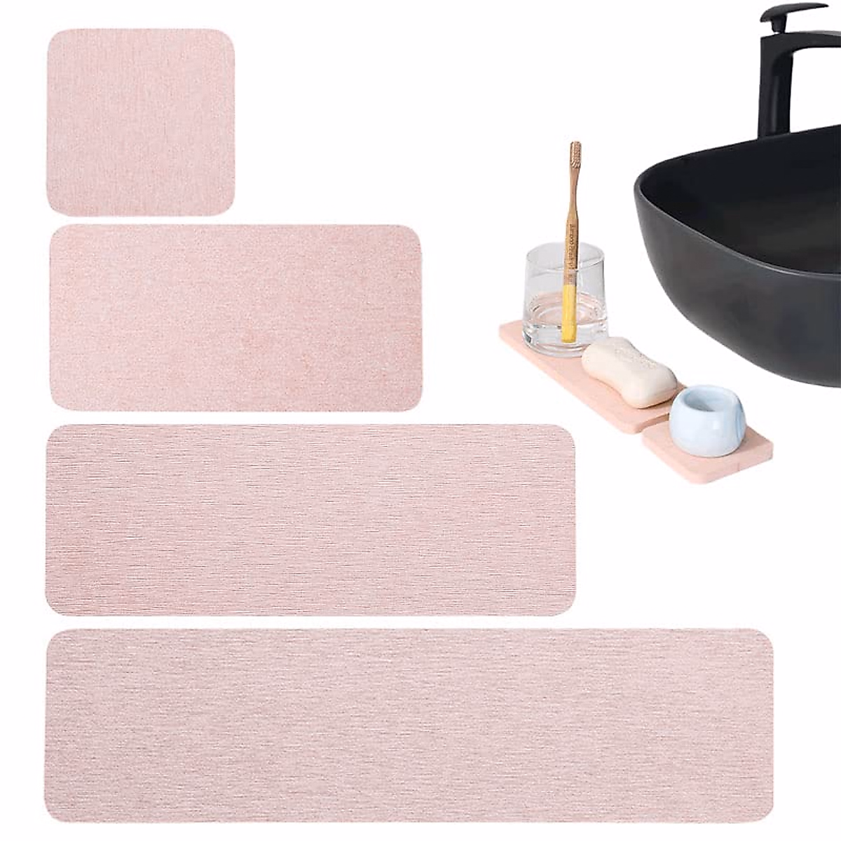 GEEBXY Water Absorbing Stone Tray for Sink, Set of 4 Fast Drying Stone Sink Tray, Instant Dry Sink Organizer for Kitchen Bathroom (Pink)