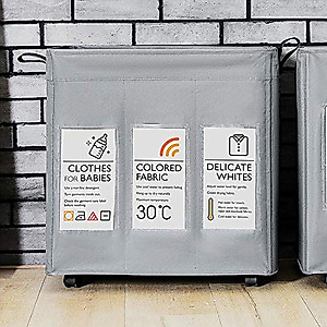 Houseware 3 Bags Laundry Hamper with Wheels Removable Laundry Bags Foldable Corner Storage Bins Collapsible Rolling Laundry Basket (Grey）