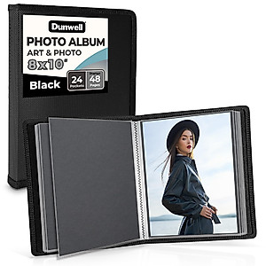 Dunwell 8x10 Photo Album Book - (Black), Art Portfolio Binder for 8 x 10 Pictures, 24 Clear Sleeves Display 48 Pages, 10x8 Sheet Protector Folder for Kids Artwork, Sketches, Prints