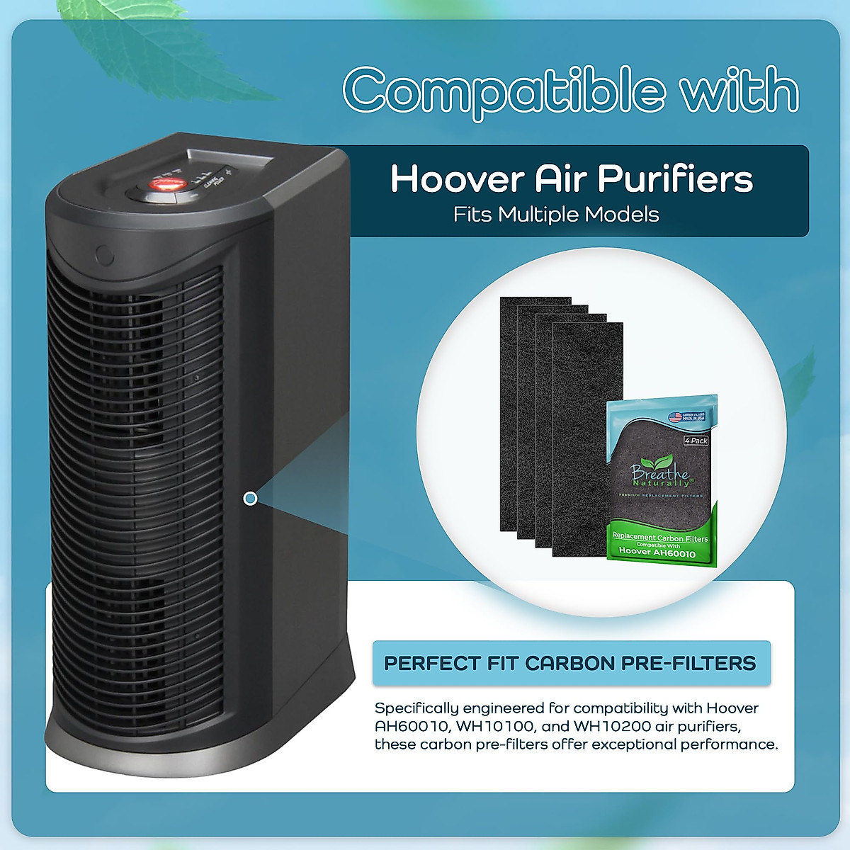 Breathe Naturally - Extra Thick Carbon Filter Replacement Compatible with Hoover Air Purifiers - Carbon Pre-filters Compatible with Hoover AH60010, wh10100 and wh10200 - Made in the USA (4 pack)