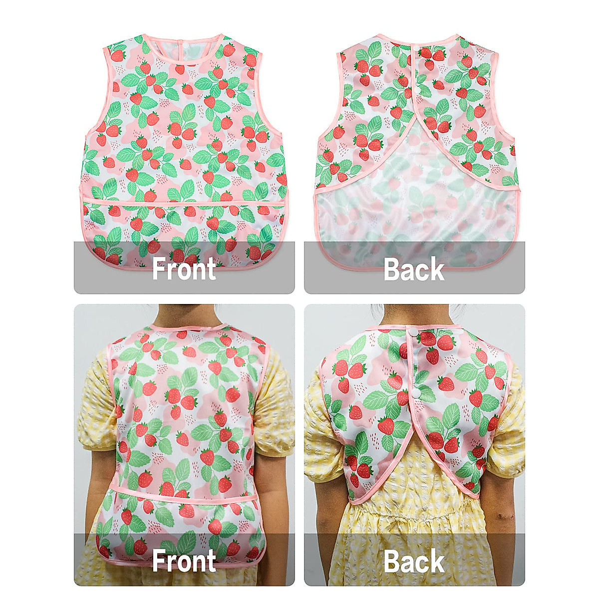 Mumsbest Waterproof Bibs for Baby Girl, 2 Pack Toddler Feeding Smock Bibs for Eating with Food Catcher & 1 Wet Bag (L：2-4Years, Pink)