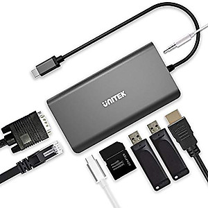UNITEK Hub USB-C with Power Delivery, HDMI v.1.4 4K@30Hz, Ethernet/Internet Connection, 2 x USB 3.0, USB C with PD 100 W, 20 V/5 A, SD Card Reader, 3.5 mm Audio Connection, Aluminium, Grey