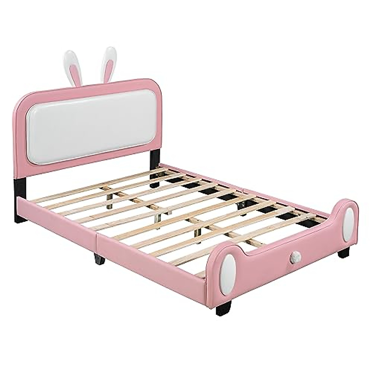 YSWH Full Size Upholstered Rabbit Shaped Princess Bed, Wood Platform Bed Frame with Bunny Ears Headboard and Bunny Tail Footboard, Kids Bedroom Furniture Fun Cute Rabbit Bed Pink Bed