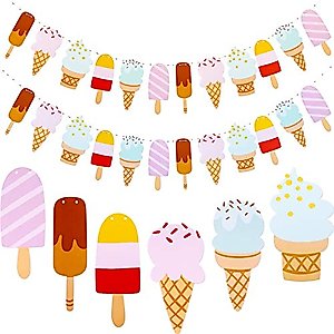 Leinuosen 2 Pack Ice Cream Bar Banner Ice Cream Banner Ice Cream Party Garland for School Summer Kid Birthday Party Decoration