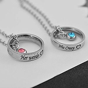 MJartoria Matching Necklaces for Couples, His and Hers Engraved Rhinestone Ring Pendant Necklace Gifts for Boyfriends Girlfriends (Silver, Her Weirdo His Crazy)