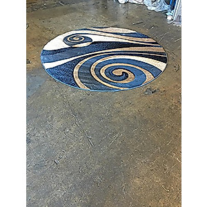 Sculpture Modern Round Area Rug Blue Beige Design 258 (5 Feet 6 Inch X 5 Feet 6 Inch)