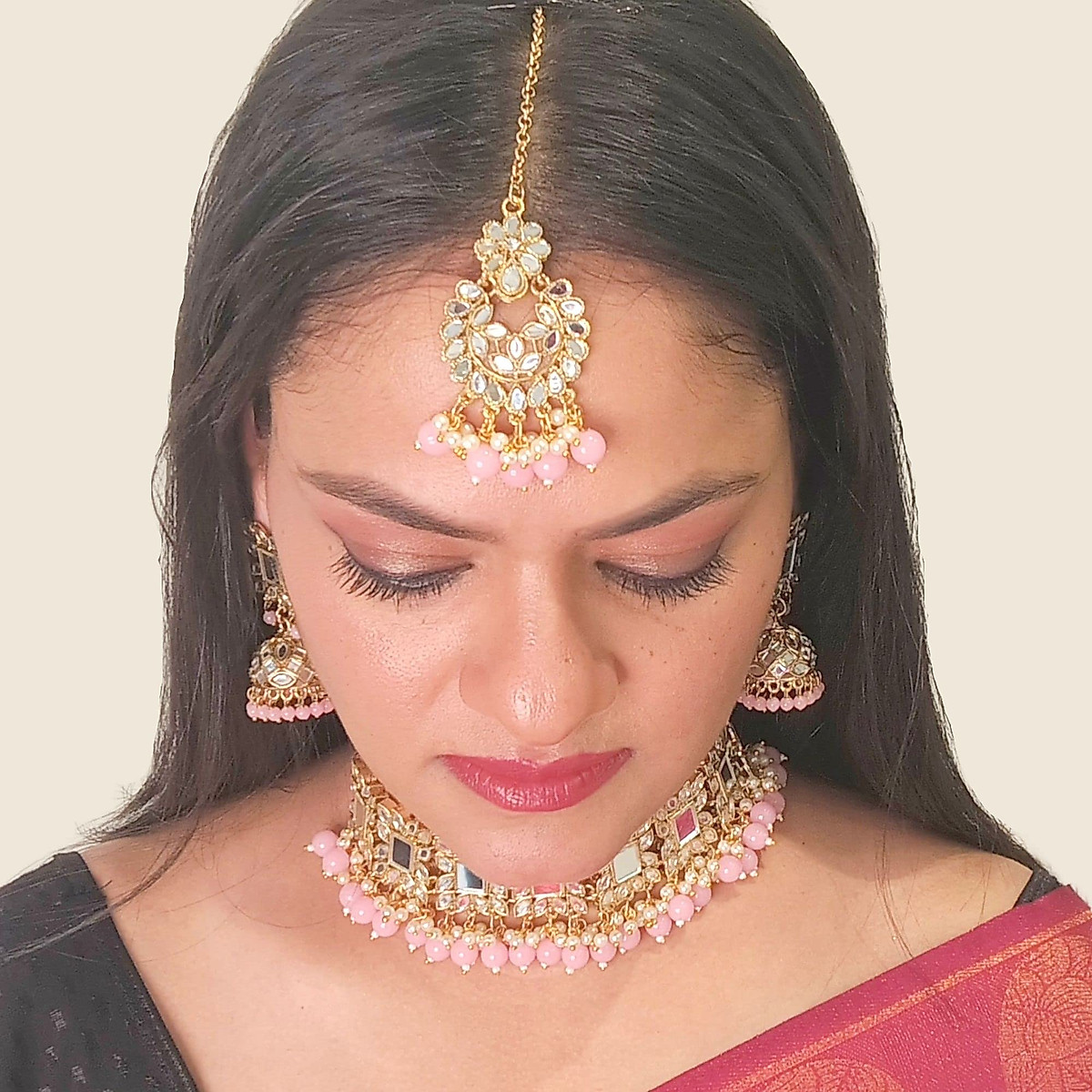 Efulgenz Indian Jewellery Set Crystal Choker Necklace Jhumka Earrings Maang Tikka Head Chain Bollywood Wedding Bridal Jewellery for Women, Pink