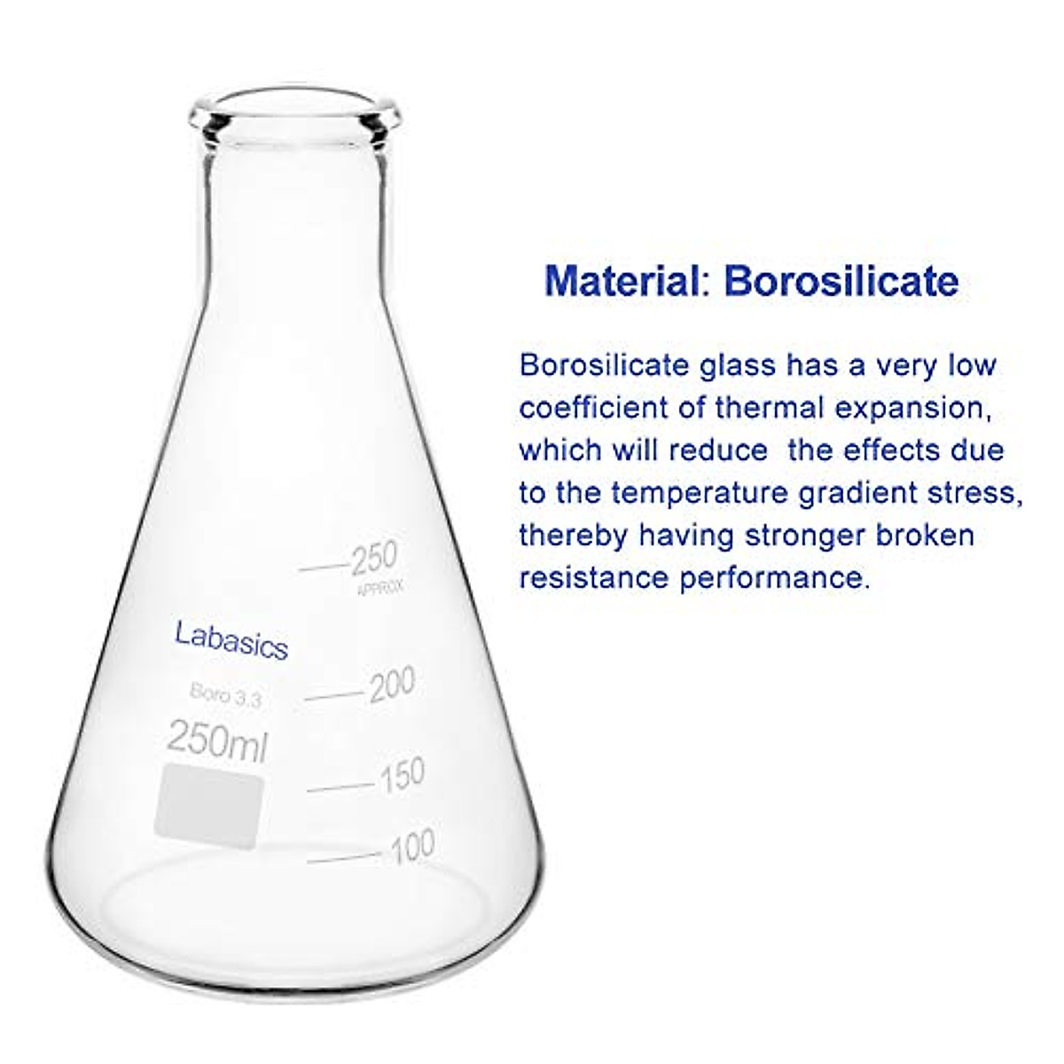 Labasics Glass Narrow Mouth Erlenmeyer Flask, Borosilicate Glass Heavy Wall Flask with Heavy Duty Rim, 250 ml