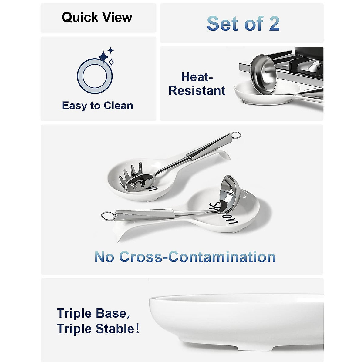 LE TAUCI Spoon Rest, Ceramic Spoon Rest for Stove Top, Spoon Rest for Kitchen Counter, Modern Farmhouse Kitchen Spoon Holder, Heat-Resistant Cooking Utensil Rest, Set of 2, White