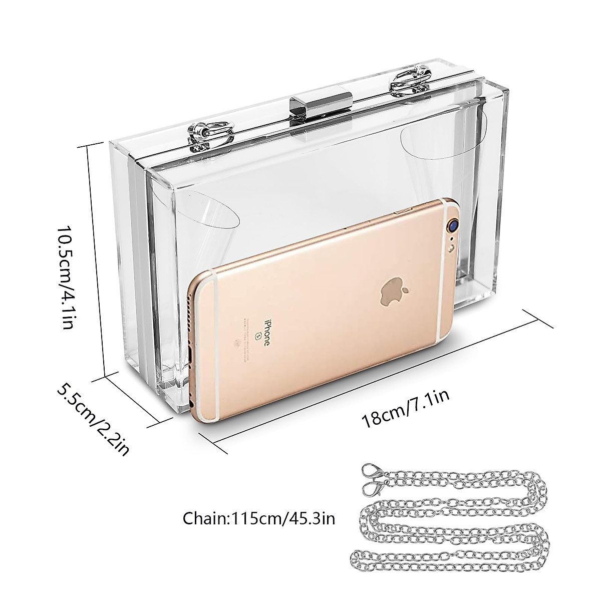 WJCD Women Clear Purse Acrylic Box Clutch Handbag, Small Transparent Crossbody Evening Bag Stadium Approved Gold Chain Strap (Silver)