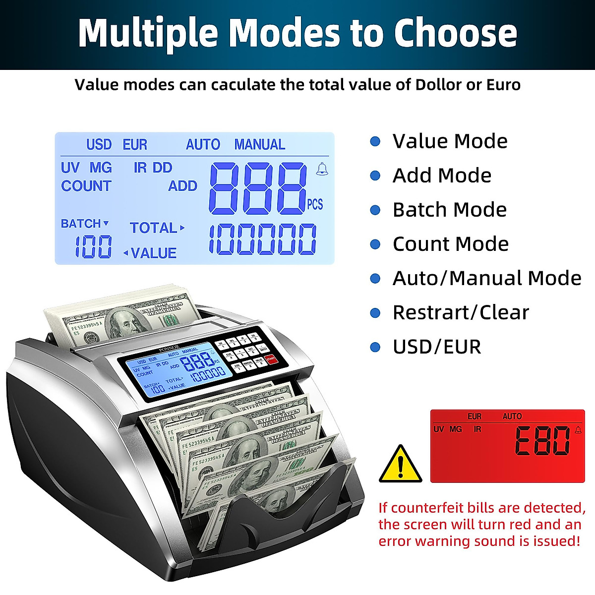 Money Counter Machine PONNOR with Value Count, Dollar, Euro with UV/MG/IR/DD/DBL/HLF/CHN Counterfeit Detection, Bill Cash Counting, Large LCD Display