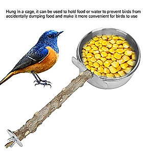 Wood Bird Perch with Bird Feeding Cups Stainless Steel Parrot Food Water Bowls Dish Feeder for Cockatiel Conure Budgies Parakeet [S] Feeding & Watering Supplies