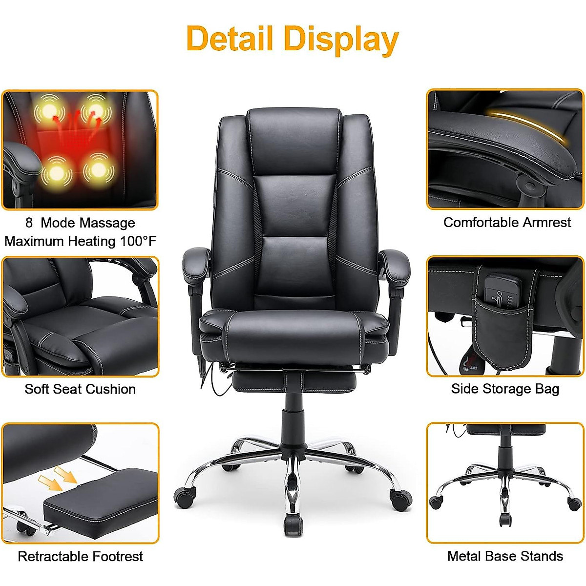 HOMREST Ergonomic Executive Office Chair, Massage Office Chair with Heated PU Leather Adjustable Height Reclining Office Chair with Foot Rest Armrest, Lumbar Back Support Home Office Desk Chairs