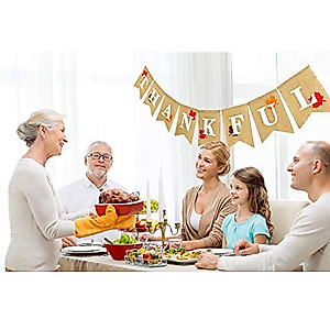 Whaline Thankful Burlap Banner with Rustic Autumn Maple Leaves Thanksgiving Day Decorations Garland Fall Harvest Home Decor Mantel Fireplace Wall Hanging