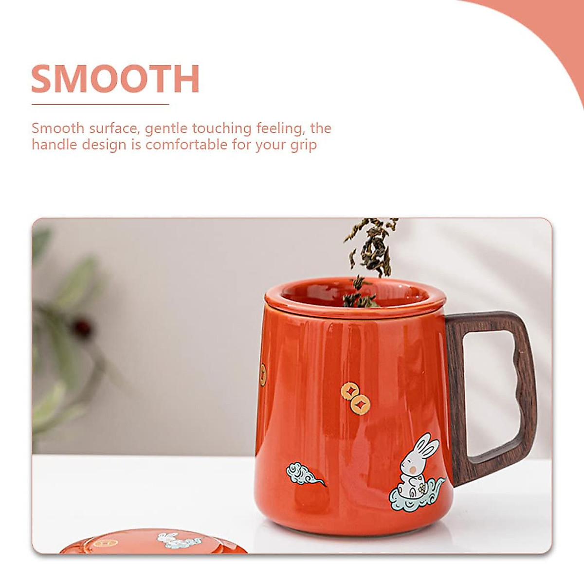 Didiseaon Coffee Tumbler Porcelain Tea Mug with Infuser and Lid Loose Leaf Tea Cup Wood Handle Tea Cup Rabbit Ceramic Mug Drink Cup Tea Infuser Cup for Loose Leaf Tea Bag Coffee Milk Japanese Tea Cups