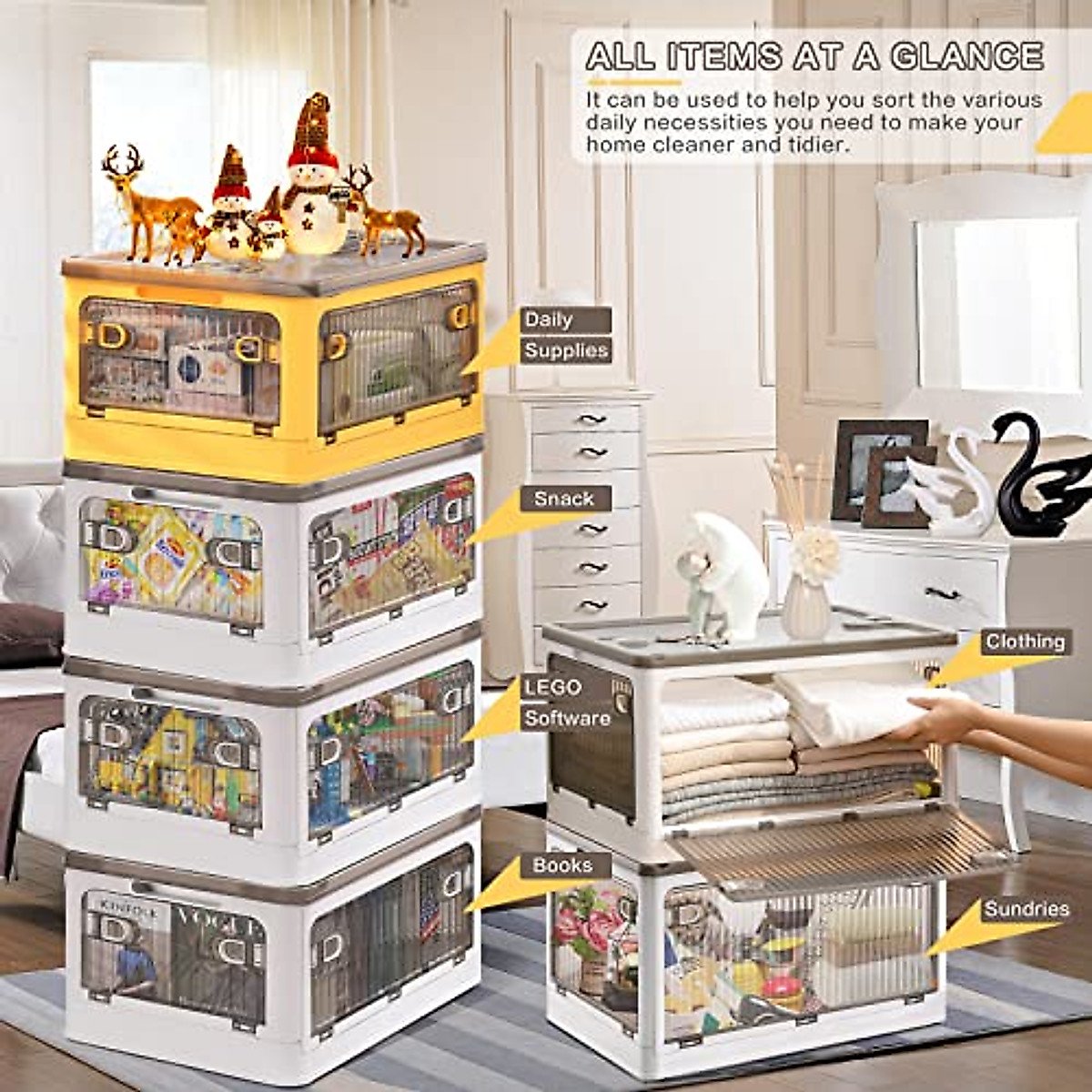 DILIBRA 28 Liters Storage Bins with Lids, 2 Packs Large Plastic Stackable Toy Storage Bin Box Organizer, Foldable Rolling Storage Containers Totes Bins with Wheels for Organization
