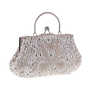 KALAIEN Beaded Sequin Evening Clutch Bag Bridal Wedding Purses Women Evening Bags (Silver)