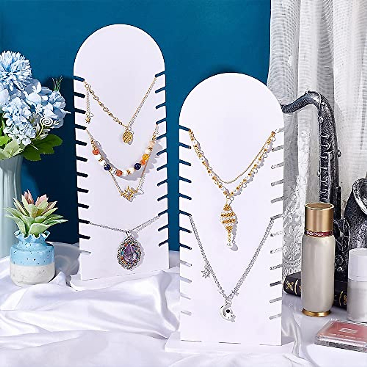 PH PandaHall Wood Necklace Display Stand, 12 Slots White Jewelry Holder Necklace Display Board Necklace Organizer Chain Storage Holder for Jewelry Display and Storage, 12.8 inch High