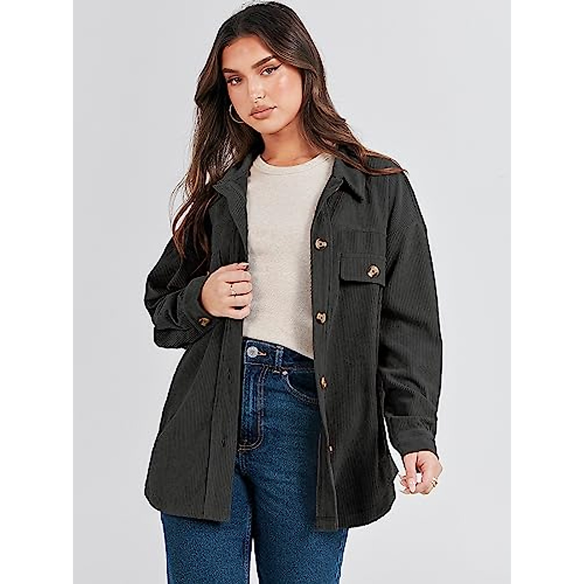 ANRABESS Women Casual Jackets Corduroy Shacket Fall Oversized Button Down Shirts Long Sleeve Casual Loose Cardigan Blouse Coat 1027heise-L