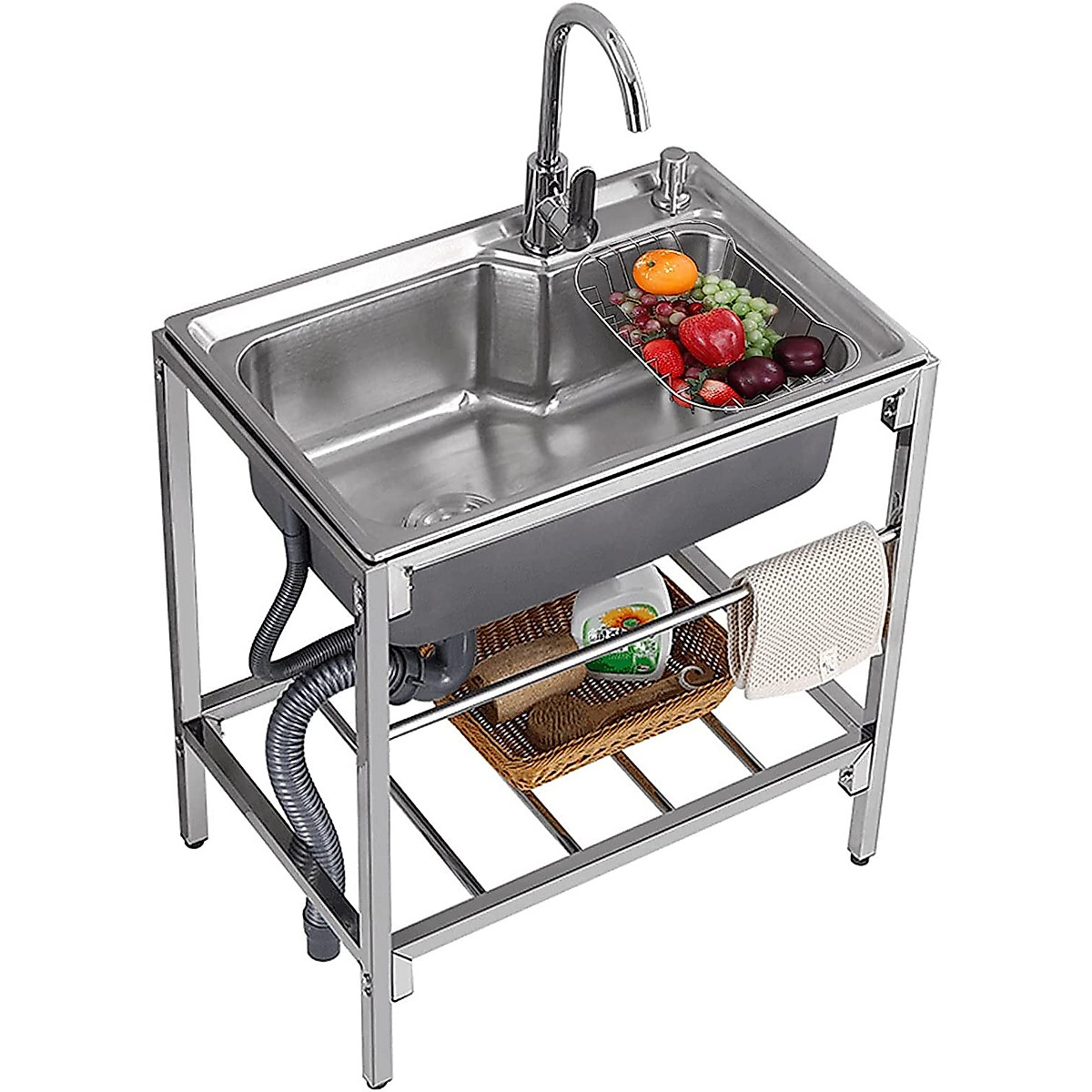 Stainless Steel Utility Sink Single Bowl Commercial Restaurant Kitchen Sink with Storage Shelve Laundry tub & Hot and Cold Faucet Free Standing Sink for Laundry Backyard Garage(28x18.5x29.5in)