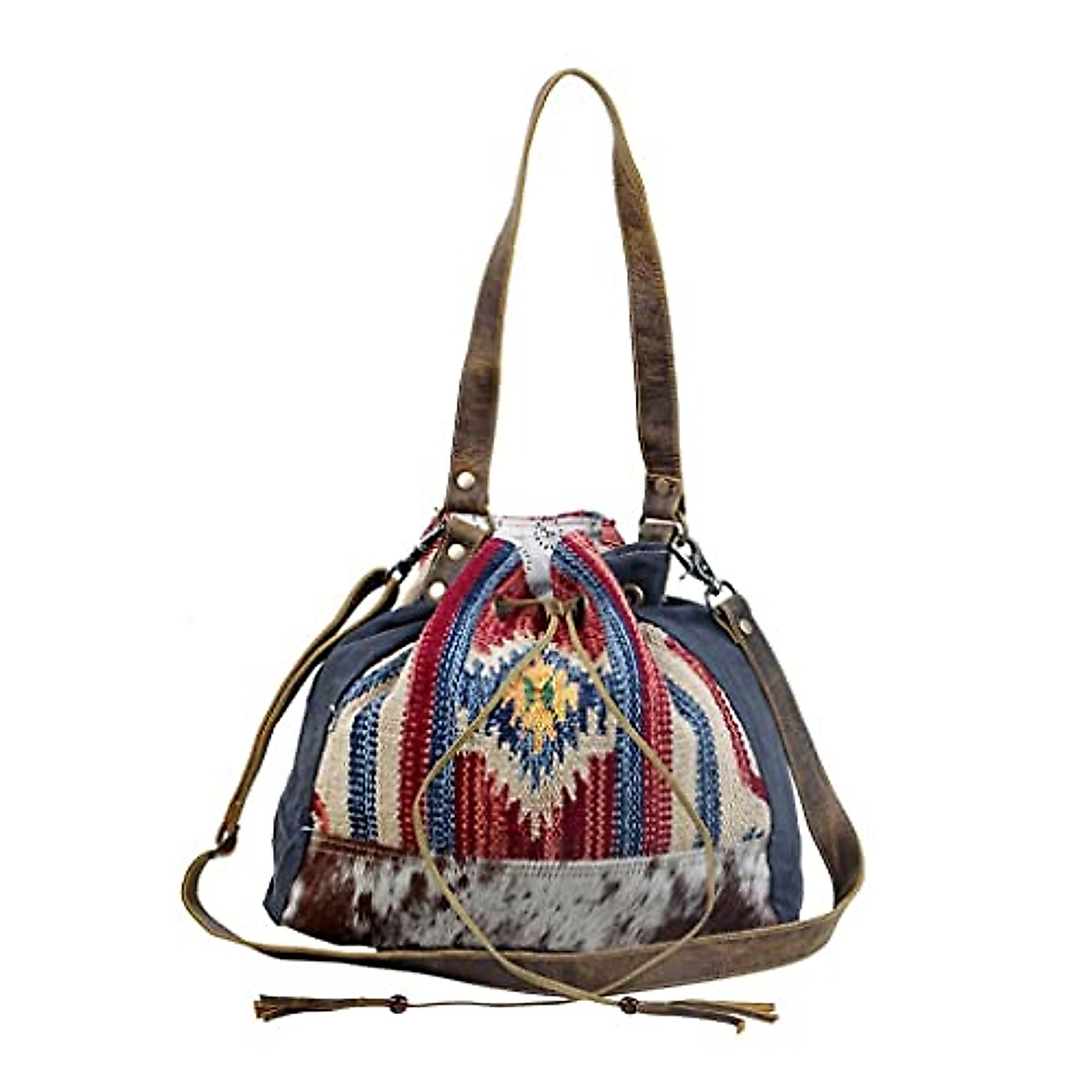 Myra Bag Blue Bucket Bag Upcycled Cotton & Hair Leather S-3062