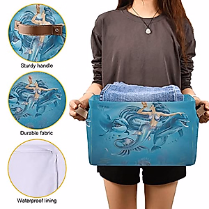 Gougeta Foldable Storage Basket with Handle, Nautical Ocean Mermaid and Dolphin Rectangular Canvas Organizer Bins for Home Office Closet Clothes Toys 2 Pack