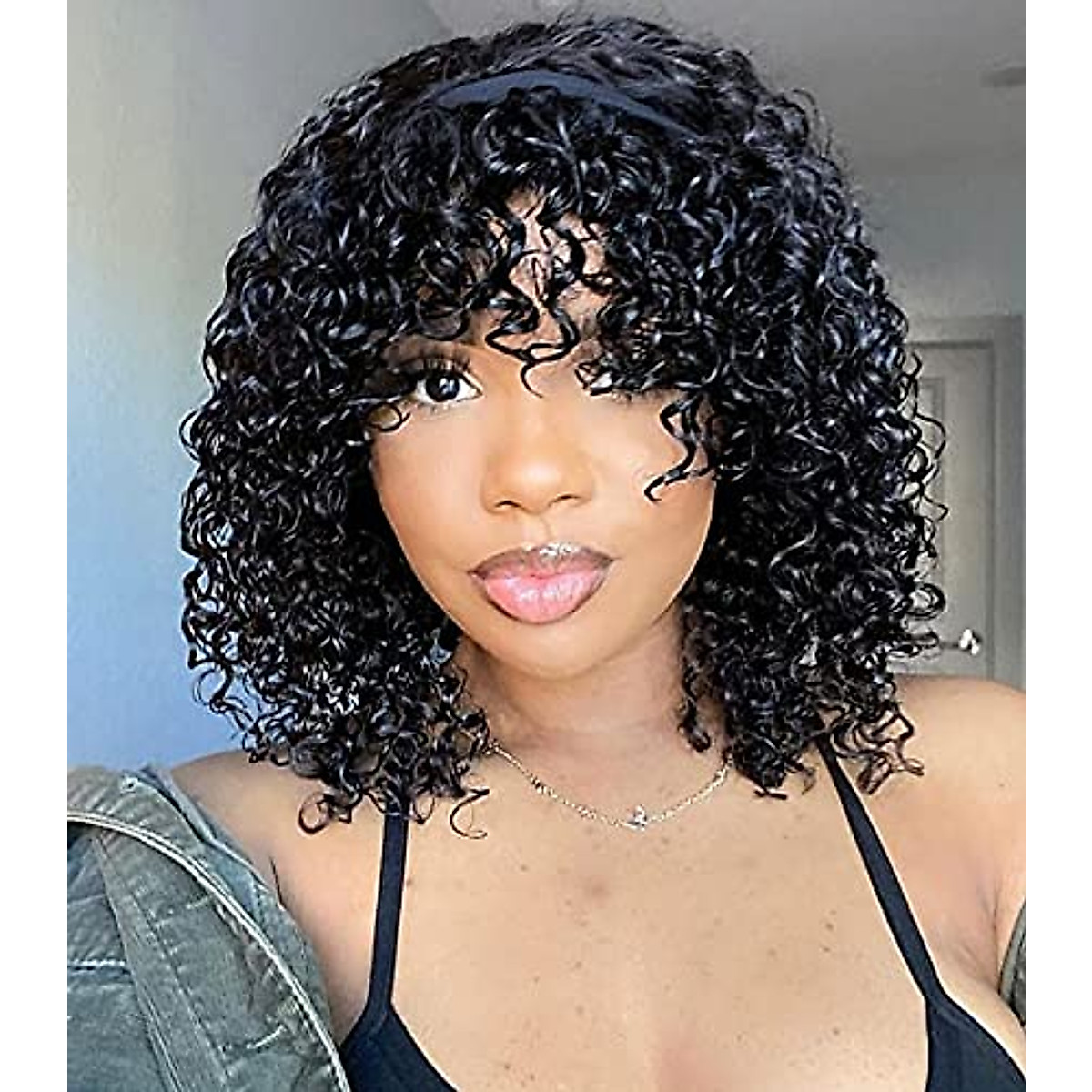 12" Short Curly Human Hair Wig with Bangs Curly Bob Wigs for Black Women Brazilian Human Virgin Hair Short Black Bob Wig with Bangs Human Hair Water Wave Wigs Glueless None Lace Wig Natural Color