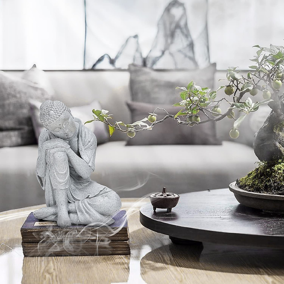 TERESA'S COLLECTIONS Natural Concrete Buddha Statues Meditation Decor, Small Meditating Buddha Zen Decor Resin Figurine for Indoor Home Table Desk Sand Tray Yoga Room Garden Outdoor Decorations, 7.9"