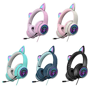 UXELY Cat Ear Gaming Headset USB Wired Headphones with Mic Foldable RGB Light Up Headphones for Laptop/Computer(Black)
