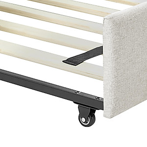 OMGO Linen Upholstered Queen Size Daybed with Two Storage Trundle Drawers, Solid Wooden Sofa Bed Frame w/Tufted Decorate, No Box Spring Needed, Space-Saving Design