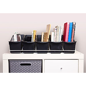 Storex Large Book Bins, Metal Shelf Rack Included, Black, Set of 5 (71129U01C)