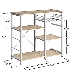 Wellynap Bakers Rack, 3-Tier Microwave Stand for Kitchens with Storage, Utility Storage Shelf with 5 Hooks and Basket for Spice Rack, White Oak