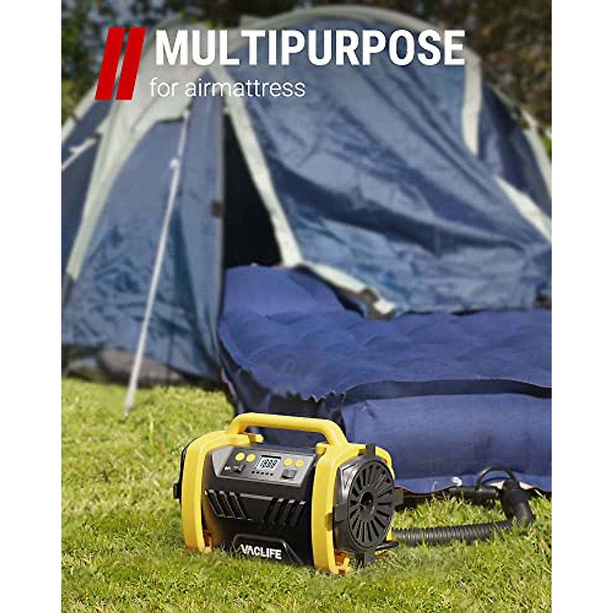 VacLife Tire Inflator Portable Air Compressor - 12V DC/120V AC Car Tire Pump for Air Mattress Beds, Boats with Inflation and Deflation Modes, Dual Powerful Motors, Model: ATJ-6588, Yellow (VL758)